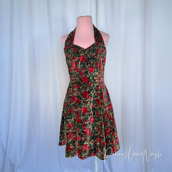 Rampage | Dresses | Vintage Rampage Halter Neck Floral Velvet Fit Flare ...